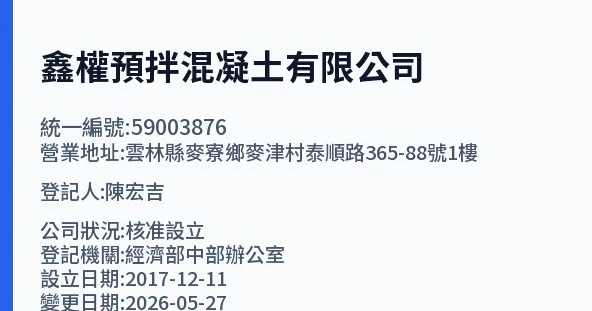 鑫權預拌混凝土有限公司的照片-統編 59003876(雲林縣) 公司登記資料與營業項目詳細圖表