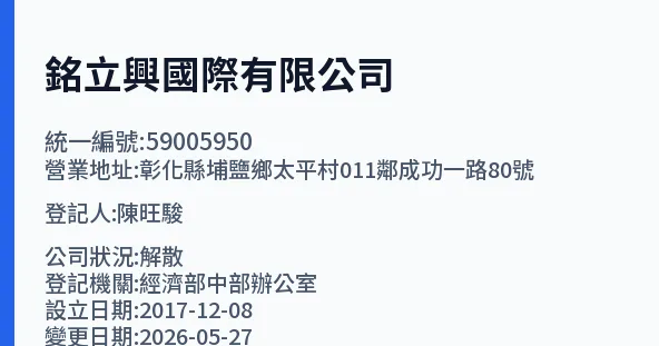 銘立興國際有限公司的照片-統編 59005950(彰化縣) 公司登記資料與營業項目詳細圖表