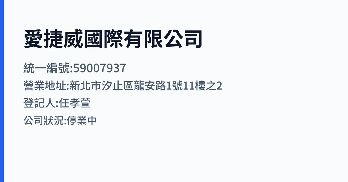 愛捷威國際有限公司 - 統編 59007937(新北市) 公司登記資料與營業項目詳細圖表