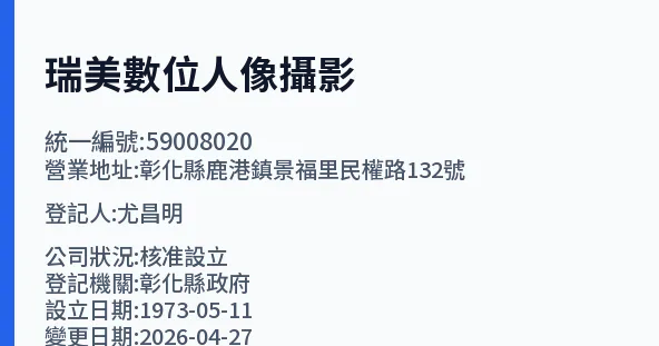 瑞美數位人像攝影的照片-統編 59008020(彰化縣) 公司登記資料與營業項目詳細圖表