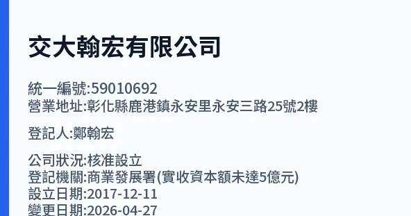 交大翰宏有限公司的照片-統編 59010692(彰化縣) 公司登記資料與營業項目詳細圖表