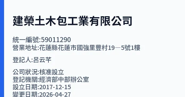 建榮土木包工業有限公司的照片-統編 59011290(花蓮縣) 公司登記資料與營業項目詳細圖表