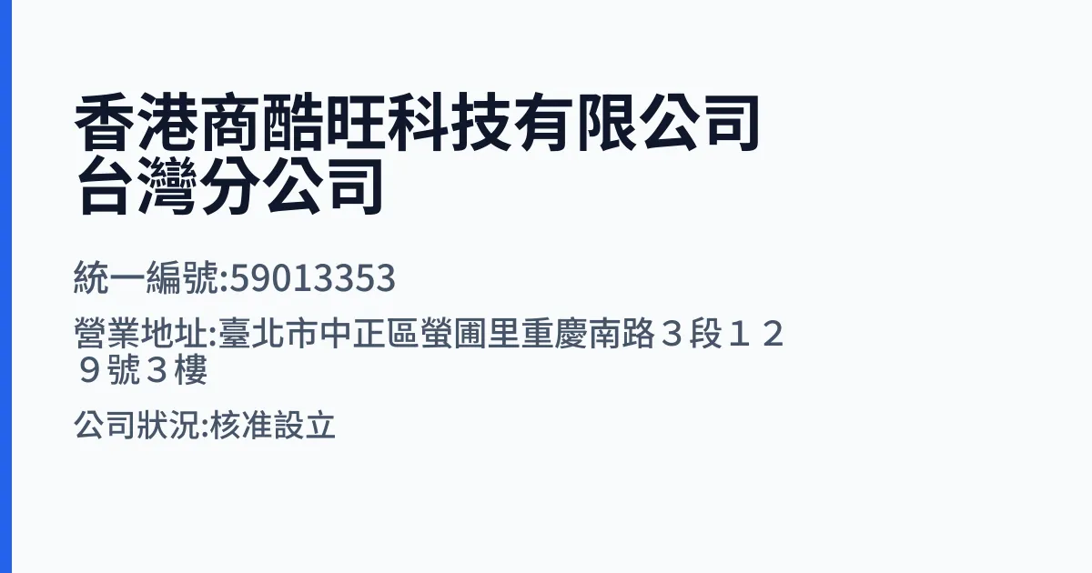 香港商酷旺科技有限公司台灣分公司 - 統編 59013353(臺北市) 公司登記資料與營業項目詳細圖表