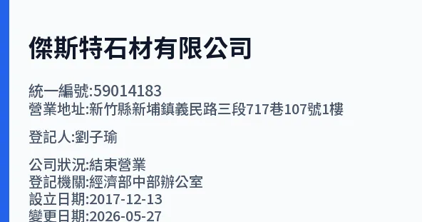 傑斯特石材有限公司的照片-統編 59014183(新竹縣) 公司登記資料與營業項目詳細圖表