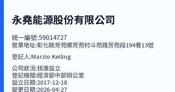 永堯能源股份有限公司的照片-統編 59014727(彰化縣) 公司登記資料與營業項目詳細圖表