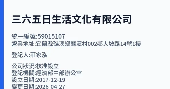 三六五日生活文化有限公司的照片-統編 59015107(宜蘭縣) 公司登記資料與營業項目詳細圖表