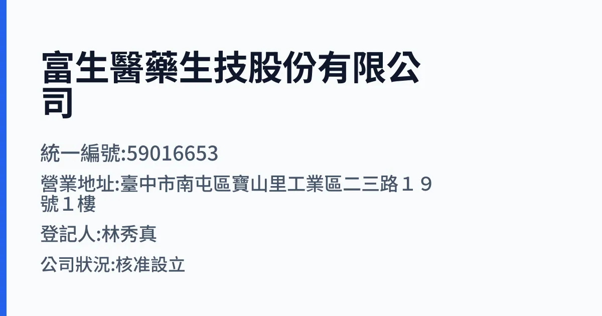 富生醫藥生技股份有限公司 - 統編 59016653(臺中市) 公司登記資料與營業項目詳細圖表