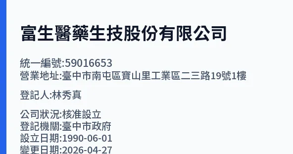 富生醫藥生技股份有限公司的照片-統編 59016653(臺中市) 公司登記資料與營業項目詳細圖表