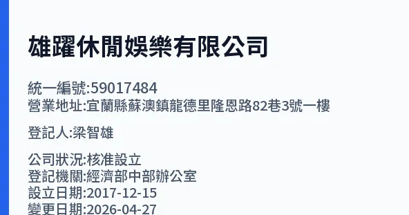 雄躍休閒娛樂有限公司的照片-統編 59017484(宜蘭縣) 公司登記資料與營業項目詳細圖表
