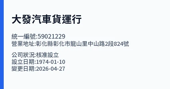 大發汽車貨運行的照片-統編 59021229(彰化縣) 公司登記資料與營業項目詳細圖表