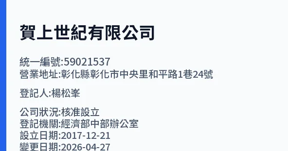 賀上世紀有限公司的照片-統編 59021537(彰化縣) 公司登記資料與營業項目詳細圖表