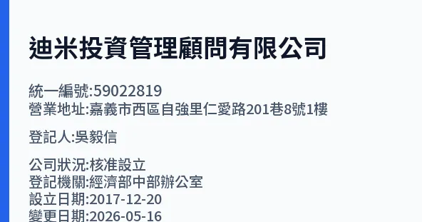 迪米投資管理顧問有限公司的照片-統編 59022819(嘉義市) 公司登記資料與營業項目詳細圖表