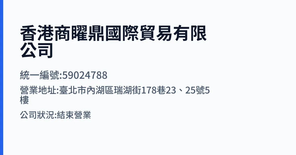 香港商矅鼎國際貿易有限公司 - 統編 59024788(臺北市) 公司登記資料與營業項目詳細圖表