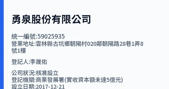 勇泉股份有限公司的照片-統編 59025935(雲林縣) 公司登記資料與營業項目詳細圖表