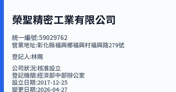 榮聖精密工業有限公司的照片-統編 59029762(彰化縣) 公司登記資料與營業項目詳細圖表