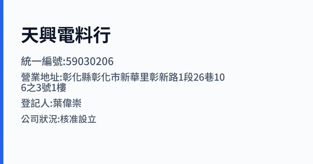 天興電料行 - 統編 59030206(彰化縣) 公司登記資料與營業項目詳細圖表