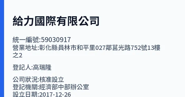 給力國際有限公司的照片-統編 59030917(彰化縣) 公司登記資料與營業項目詳細圖表