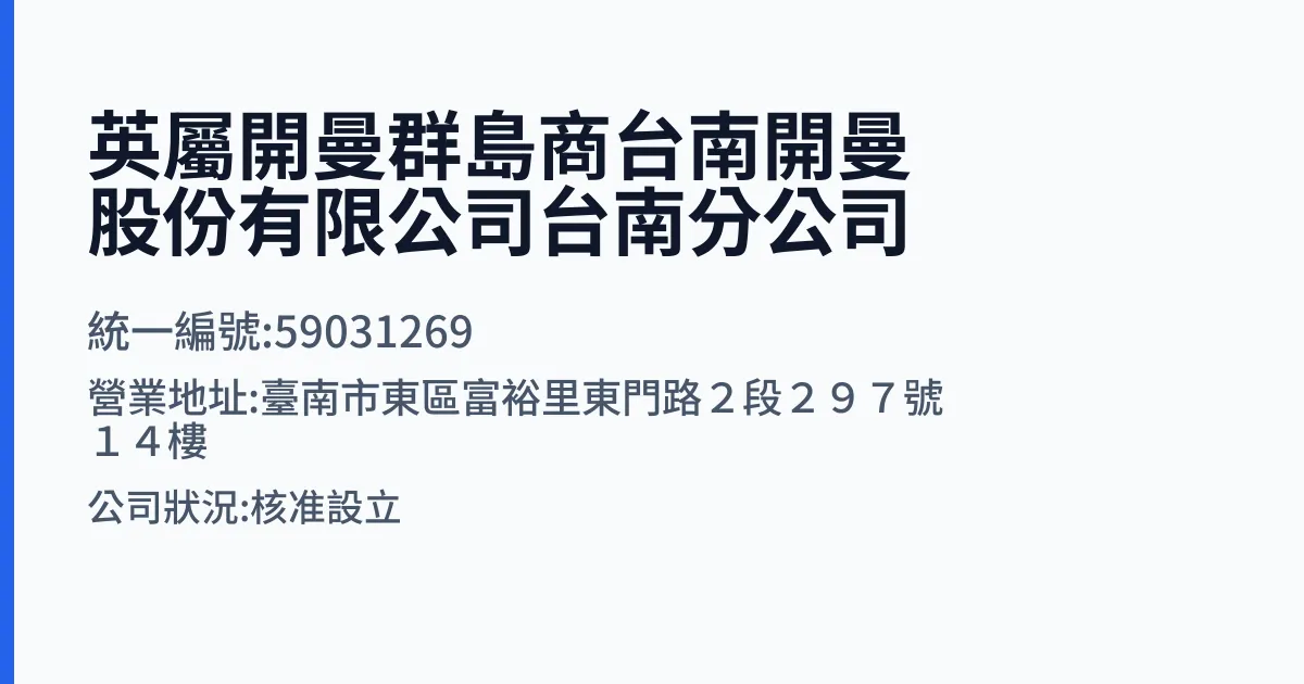 英屬開曼群島商台南開曼股份有限公司台南分公司 - 統編 59031269(臺南市) 公司登記資料與營業項目詳細圖表