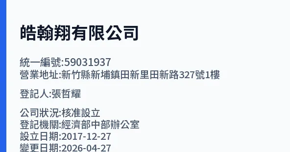 皓翰翔有限公司的照片-統編 59031937(新竹縣) 公司登記資料與營業項目詳細圖表