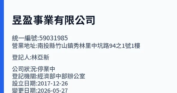 昱盈事業有限公司的照片-統編 59031985(南投縣) 公司登記資料與營業項目詳細圖表