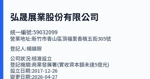 弘晟展業股份有限公司的照片-統編 59032099(新竹市) 公司登記資料與營業項目詳細圖表