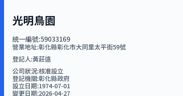 光明鳥園的照片-統編 59033169(彰化縣) 公司登記資料與營業項目詳細圖表