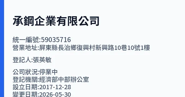 承鋼企業有限公司的照片-統編 59035716(屏東縣) 公司登記資料與營業項目詳細圖表