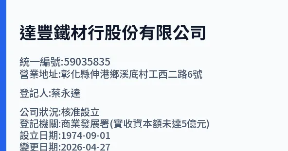 達豐鐵材行股份有限公司的照片-統編 59035835(彰化縣) 公司登記資料與營業項目詳細圖表