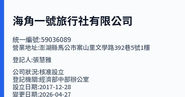 海角一號旅行社有限公司的照片-統編 59036089(澎湖縣) 公司登記資料與營業項目詳細圖表