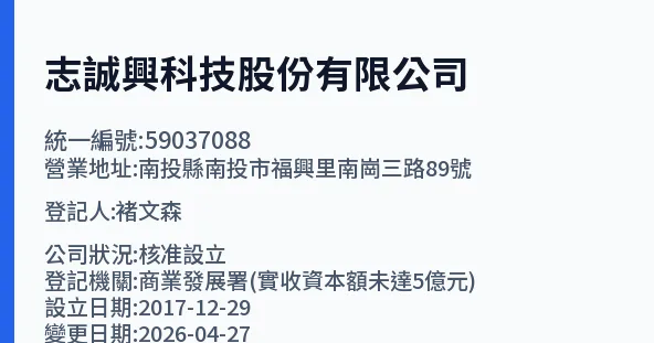 志誠興科技股份有限公司的照片-統編 59037088(南投縣) 公司登記資料與營業項目詳細圖表