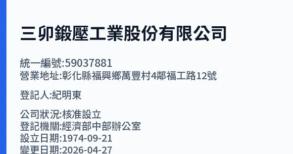 三卯鍛壓工業股份有限公司的照片-統編 59037881(彰化縣) 公司登記資料與營業項目詳細圖表