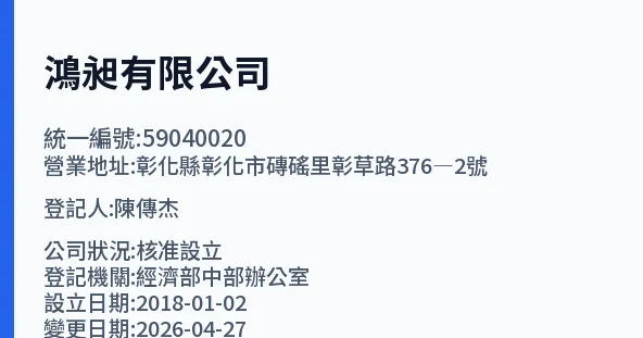 鴻昶有限公司的照片-統編 59040020(彰化縣) 公司登記資料與營業項目詳細圖表