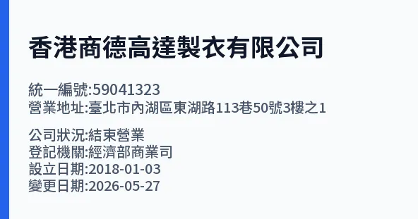 香港商德高達製衣有限公司的照片-統編 59041323(臺北市) 公司登記資料與營業項目詳細圖表