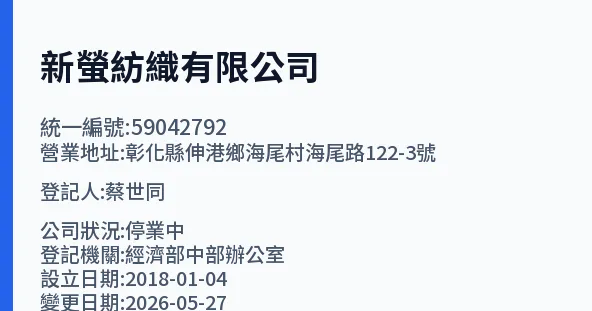 新螢紡織有限公司的照片-統編 59042792(彰化縣) 公司登記資料與營業項目詳細圖表