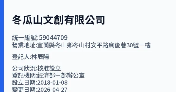 冬瓜山文創有限公司的照片-統編 59044709(宜蘭縣) 公司登記資料與營業項目詳細圖表