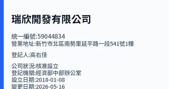 瑞欣開發有限公司的照片-統編 59044834(新竹市) 公司登記資料與營業項目詳細圖表