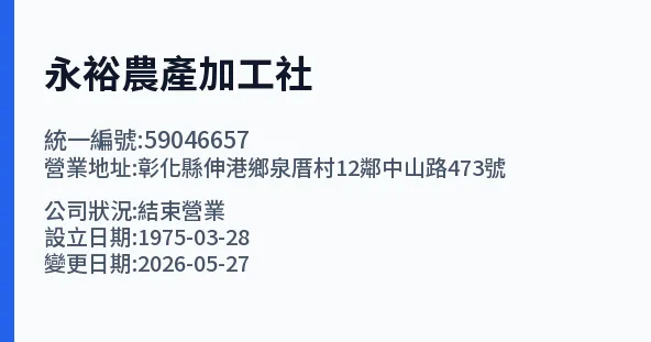 永裕農產加工社的照片-統編 59046657(彰化縣) 公司登記資料與營業項目詳細圖表