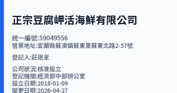 正宗豆腐岬活海鮮有限公司的照片-統編 59049556(宜蘭縣) 公司登記資料與營業項目詳細圖表