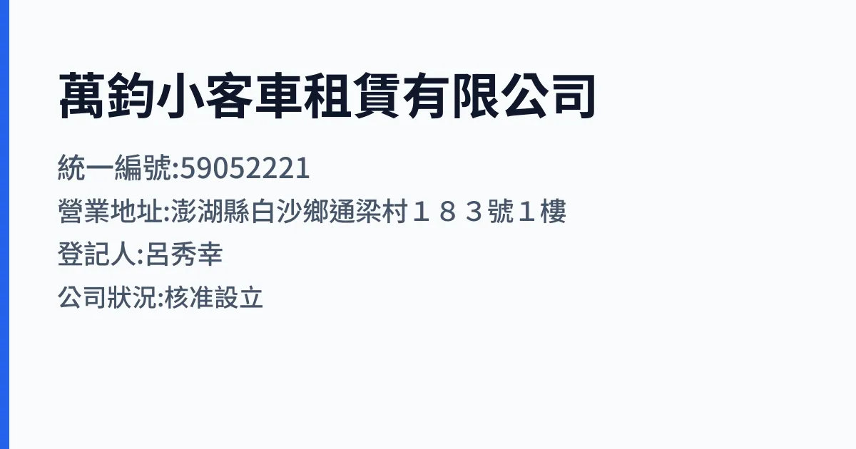 萬鈞小客車租賃有限公司 - 統編 59052221（澎湖縣） 公司登記資料與營業項目詳細圖表
