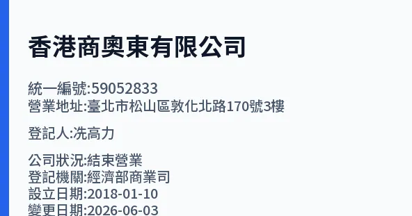 香港商奧東有限公司的照片-統編 59052833(臺北市) 公司登記資料與營業項目詳細圖表