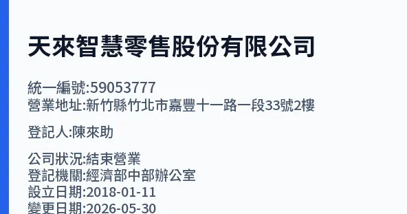 天來智慧零售股份有限公司的照片-統編 59053777(新竹縣) 公司登記資料與營業項目詳細圖表