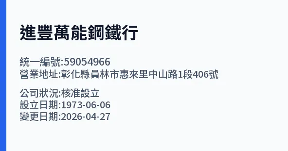 進豐萬能鋼鐵行的照片-統編 59054966(彰化縣) 公司登記資料與營業項目詳細圖表