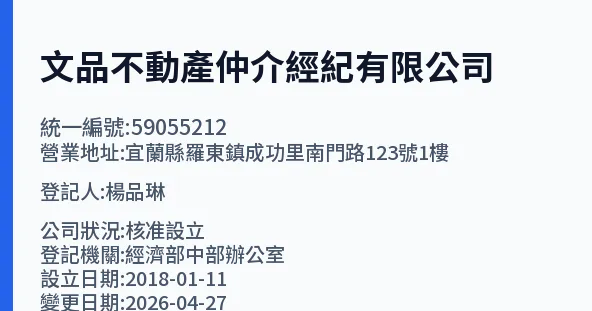 文品不動產仲介經紀有限公司的照片-統編 59055212(宜蘭縣) 公司登記資料與營業項目詳細圖表