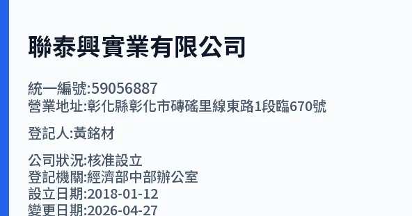 聯泰興實業有限公司的照片-統編 59056887(彰化縣) 公司登記資料與營業項目詳細圖表