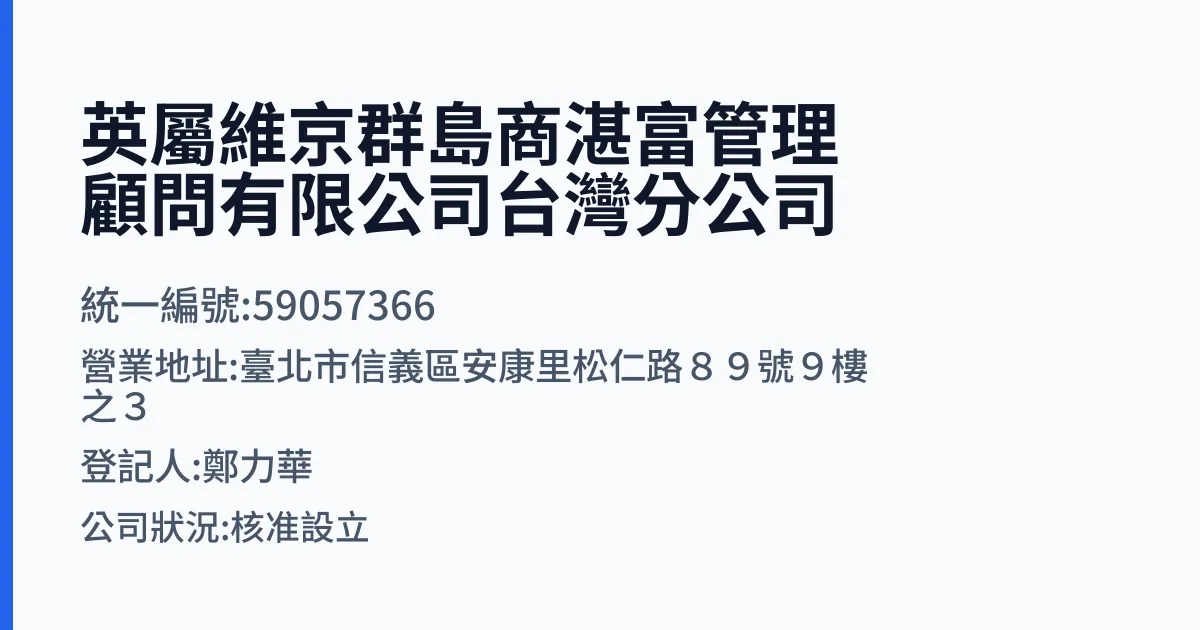 英屬維京群島商湛富管理顧問有限公司台灣分公司 - 統編 59057366(臺北市) 公司登記資料與營業項目詳細圖表
