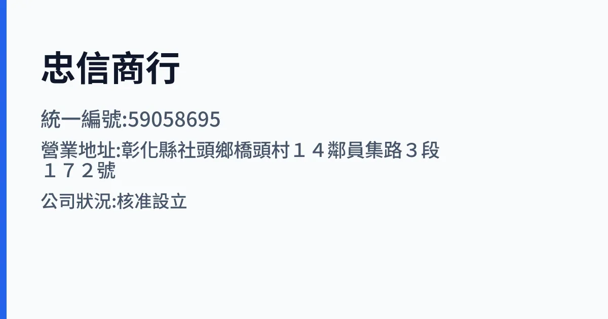 忠信商行 - 統編 59058695(彰化縣) 公司登記資料與營業項目詳細圖表