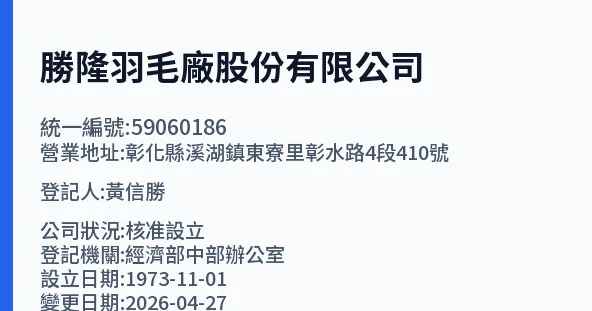 勝隆羽毛廠股份有限公司的照片-統編 59060186(彰化縣) 公司登記資料與營業項目詳細圖表