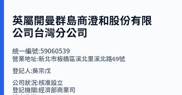 英屬開曼群島商澄和股份有限公司台灣分公司的照片-統編 59060539(新北市) 公司登記資料與營業項目詳細圖表