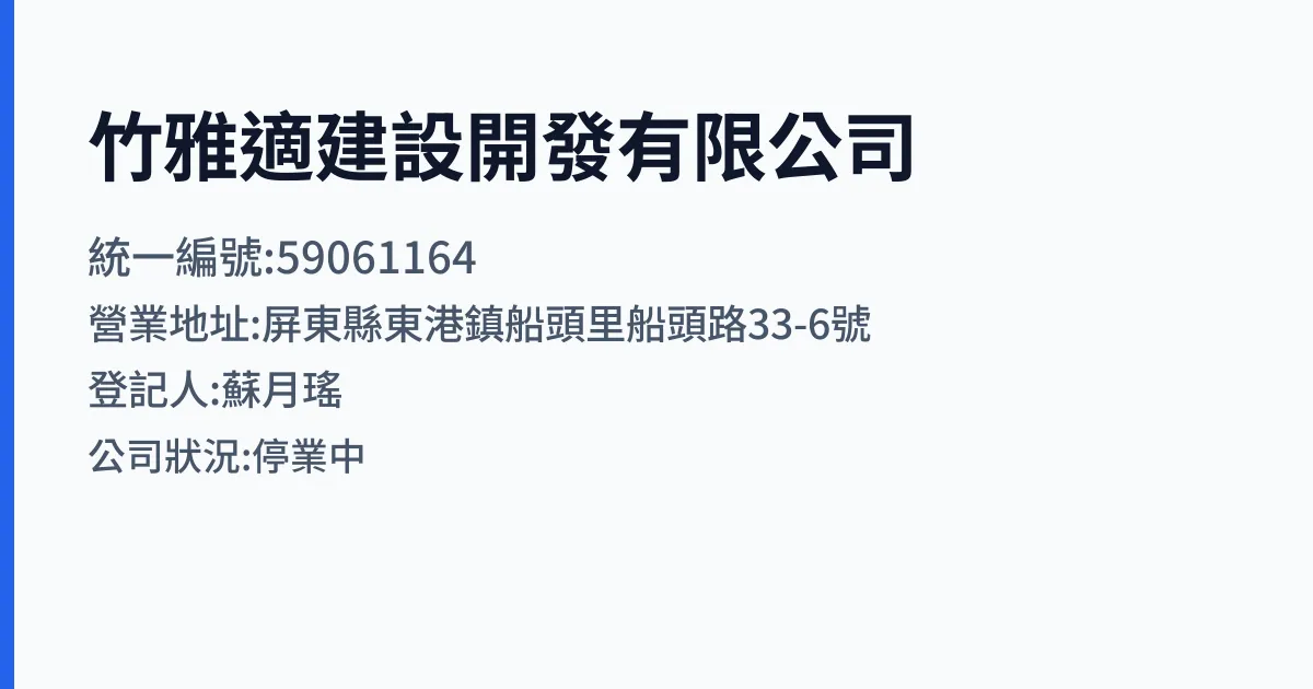 竹雅適建設開發有限公司 - 統編 59061164(屏東縣) 公司登記資料與營業項目詳細圖表