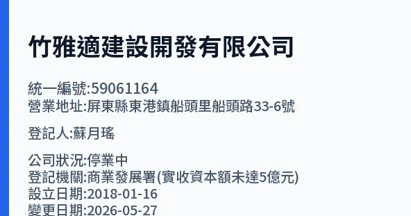 竹雅適建設開發有限公司的照片-統編 59061164(屏東縣) 公司登記資料與營業項目詳細圖表